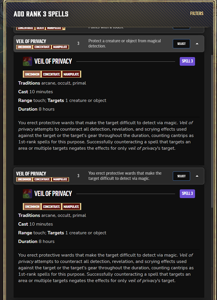 Duplicate spell listing? veil of privacy - Pathfinder Nexus & Character ...